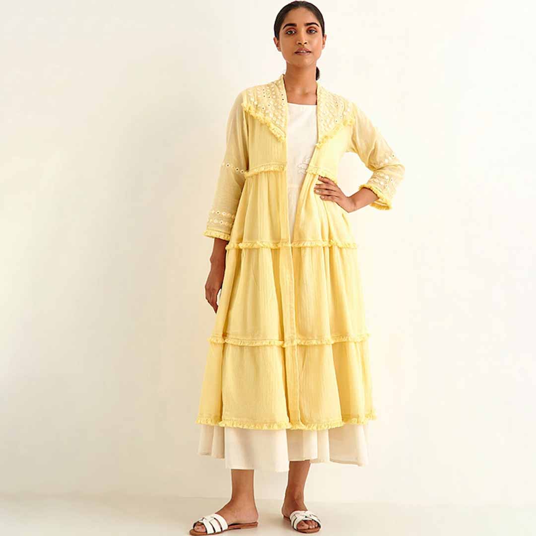 Women Yellow Ethnic Embroidered Cotton Longline Shrug